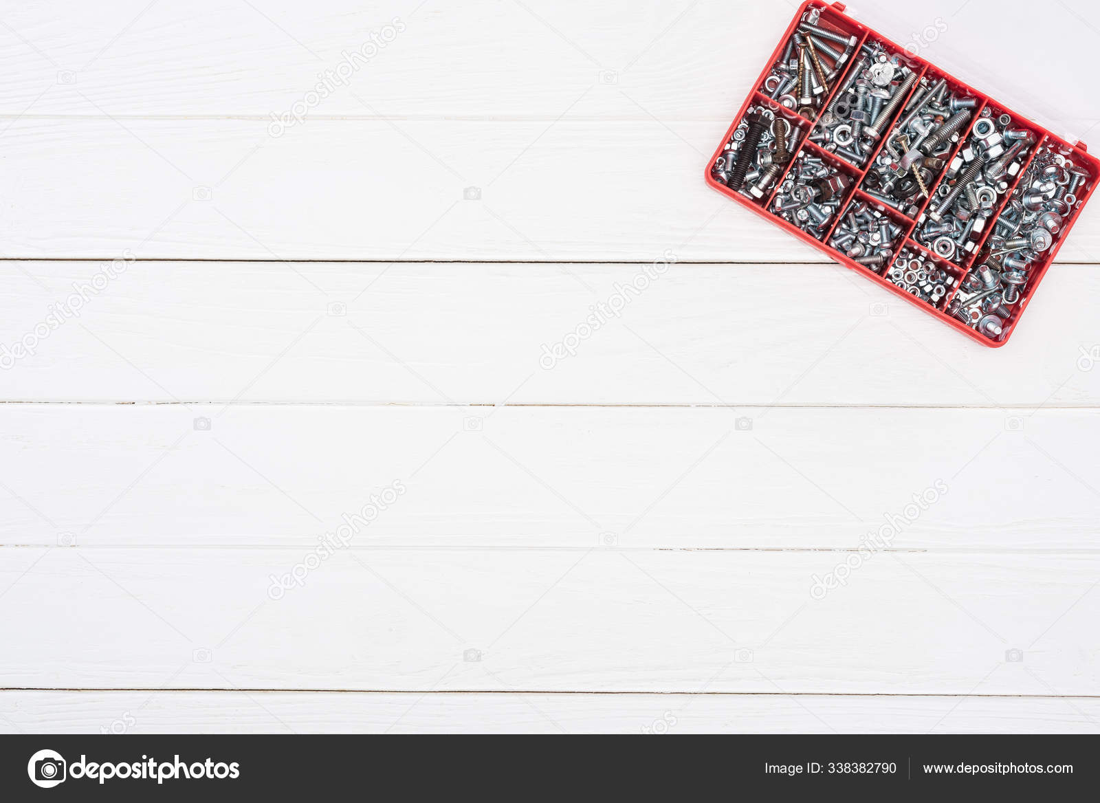 Top View Tool Box Bolts Nuts White Wooden Background Stock Photo by ...