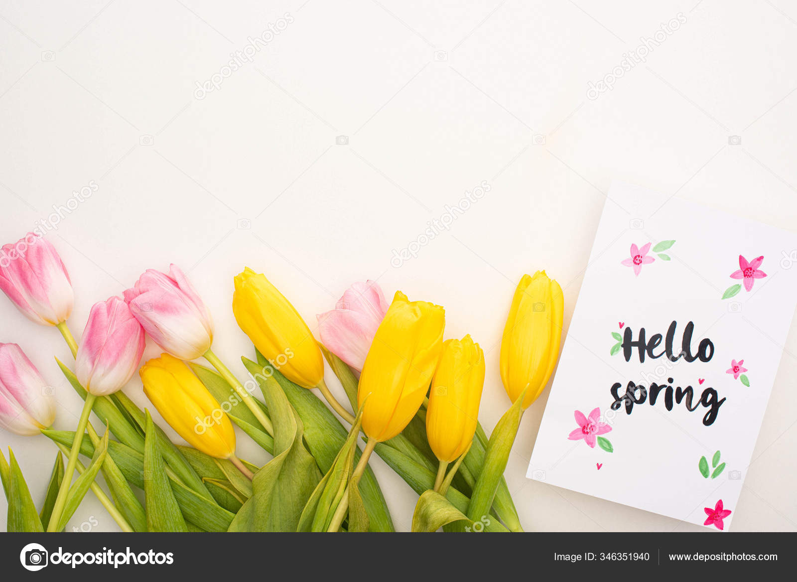 Top View Yellow Pink Tulips Card Hello Spring Lettering White — Stock ...