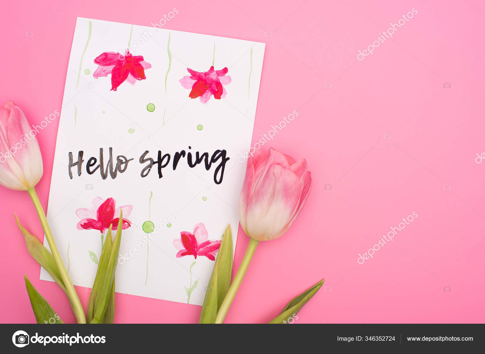 Top View Tulips Card Hello Spring Lettering Pink Background — Stock ...