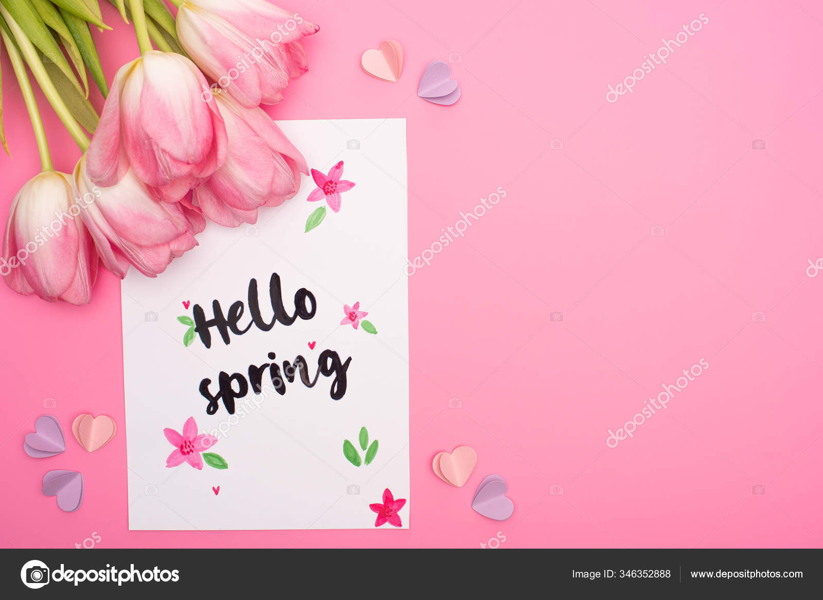 Top View Tulips Card Hello Spring Lettering Decorative Hearts Pink ...
