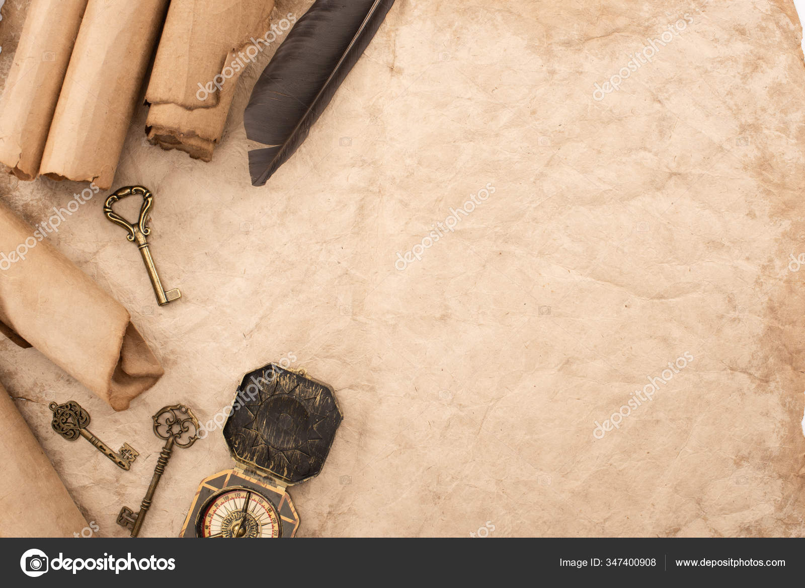 Top View Vintage Keys Compass Feather Aged Paper Stock Photo by ...