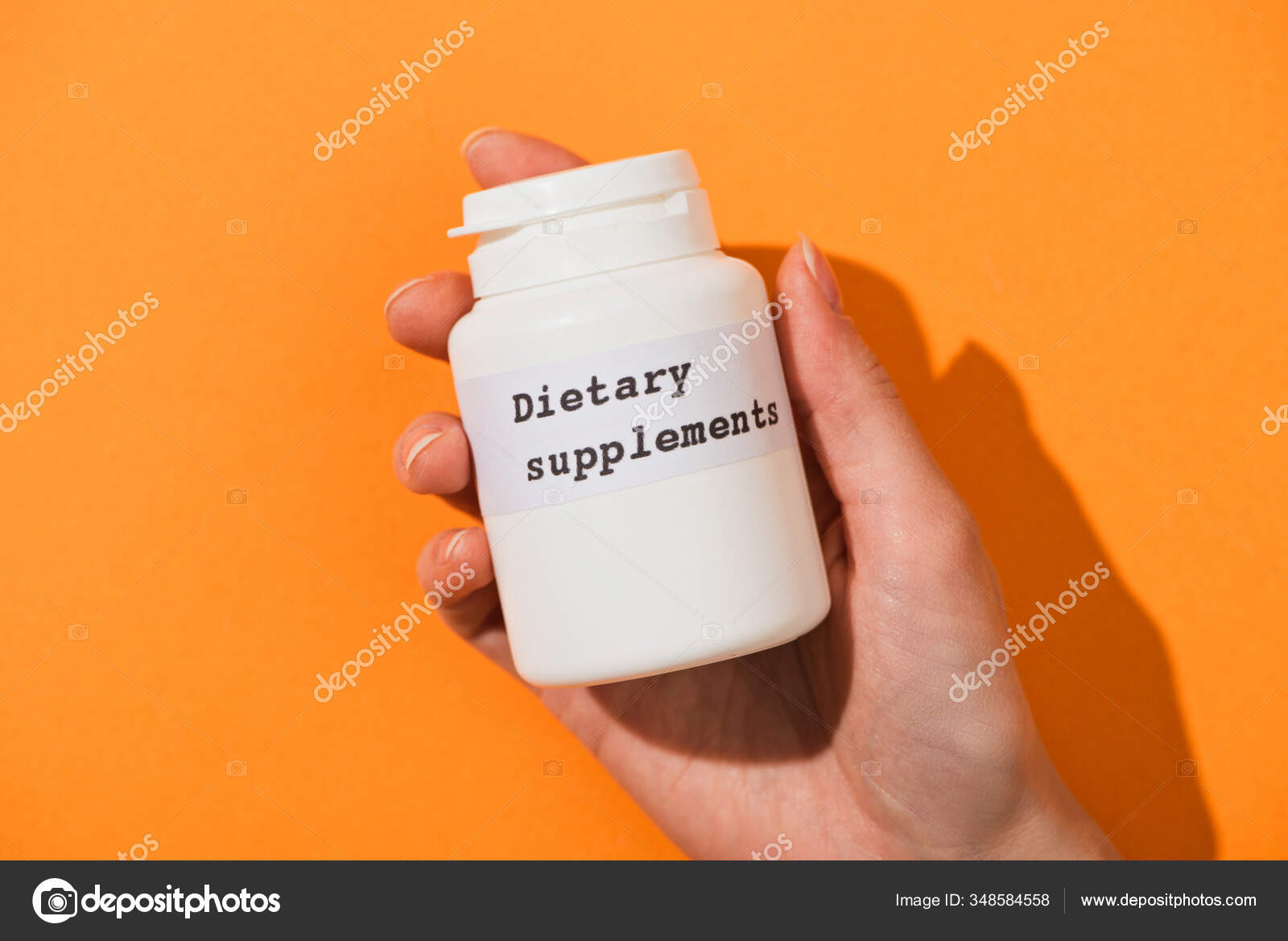 Partial View Woman Holding Container Dietary Supplements Lettering ...