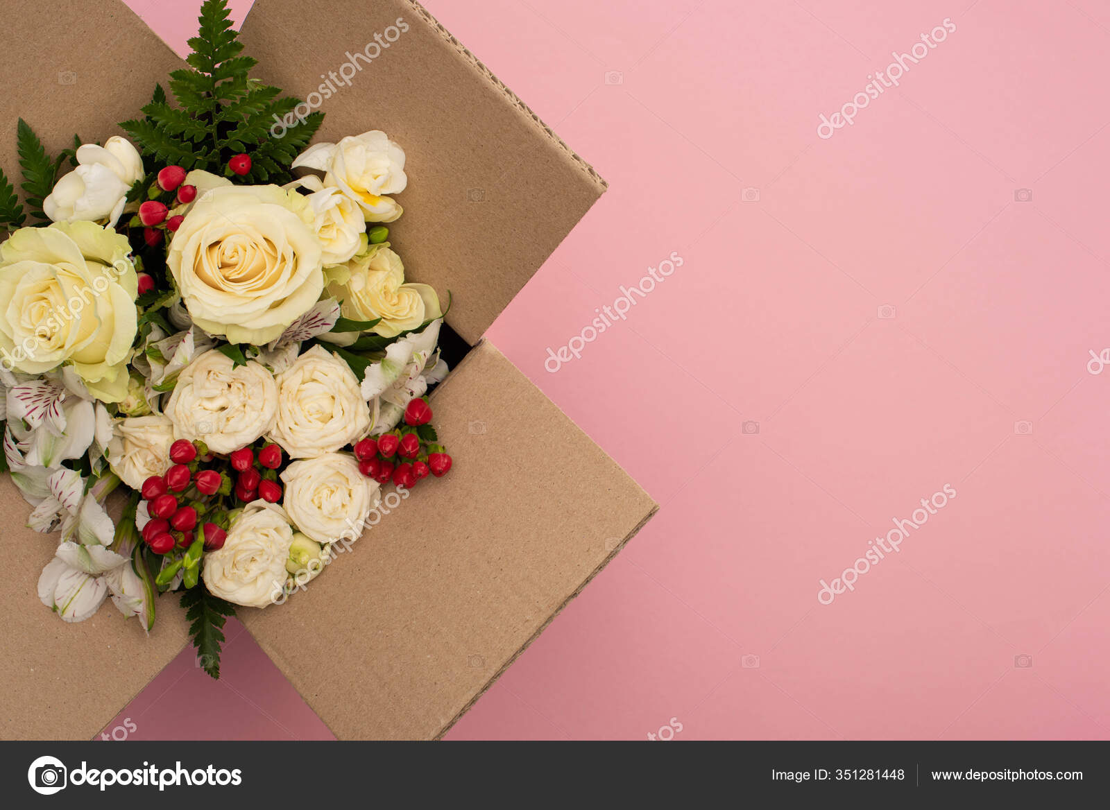 Top View Bouquet Flowers Cardboard Box Pink Background — Stock Photo ...