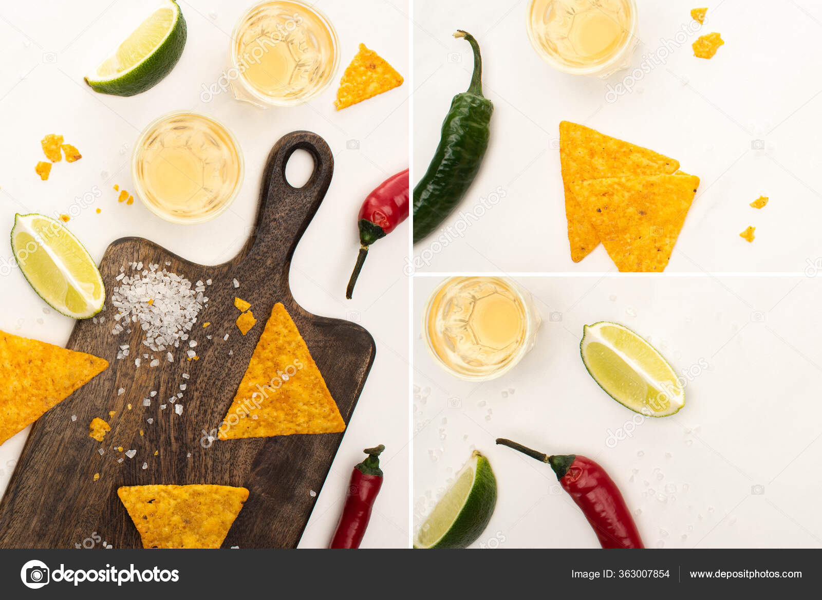 Collage Tequila Dorado Con Lima Chile Sal Nachos Sobre Tabla — Foto de ...
