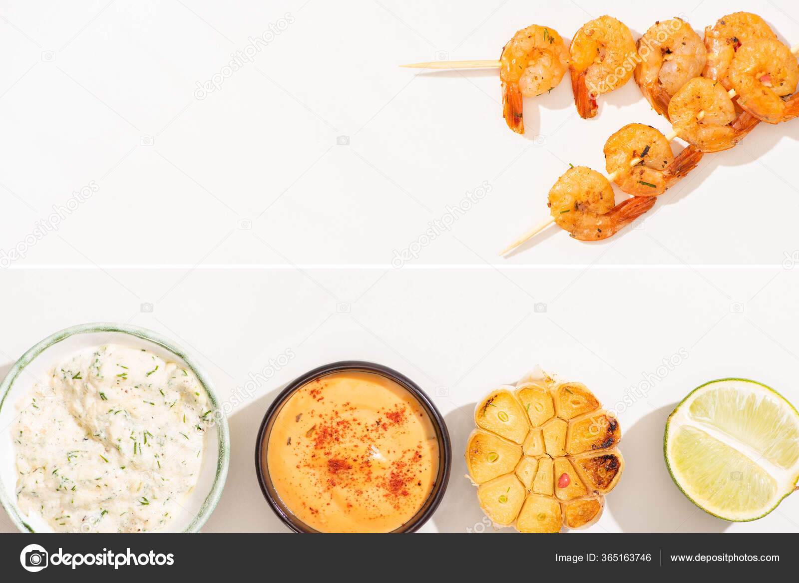 Collage Delicious Fried Prawns Skewers Garlic Lime Sauces White ...