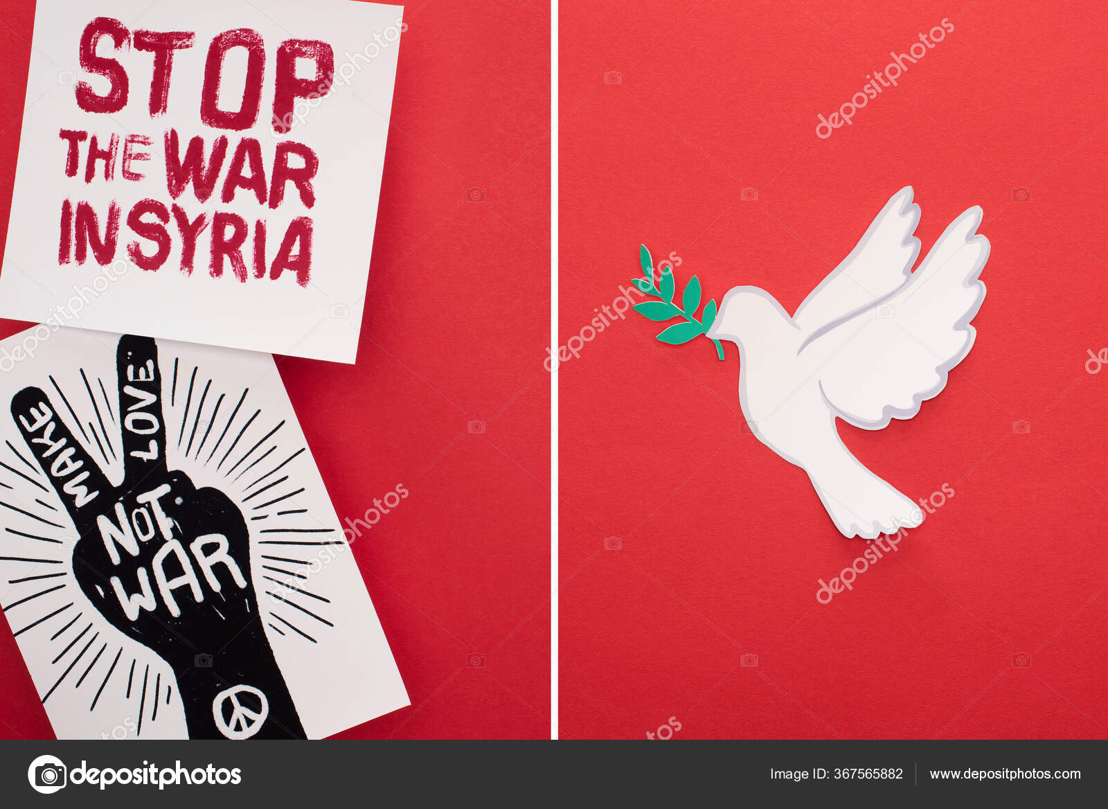 Collage White Dove Symbol Peace Placards Stop War Syria Make Stock ...