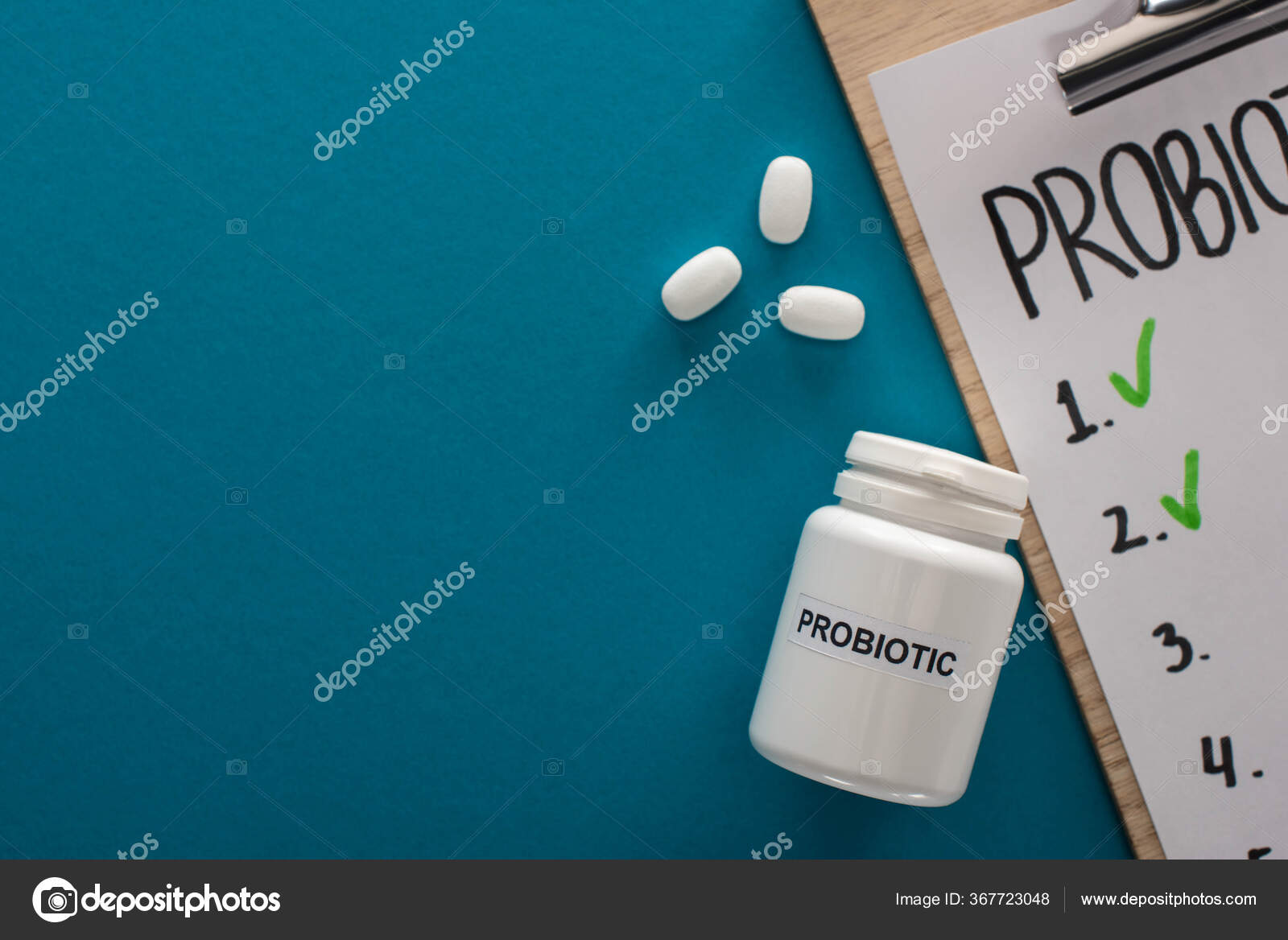 Top View Clipboard Probiotics Empty List Container Pills Blue ...