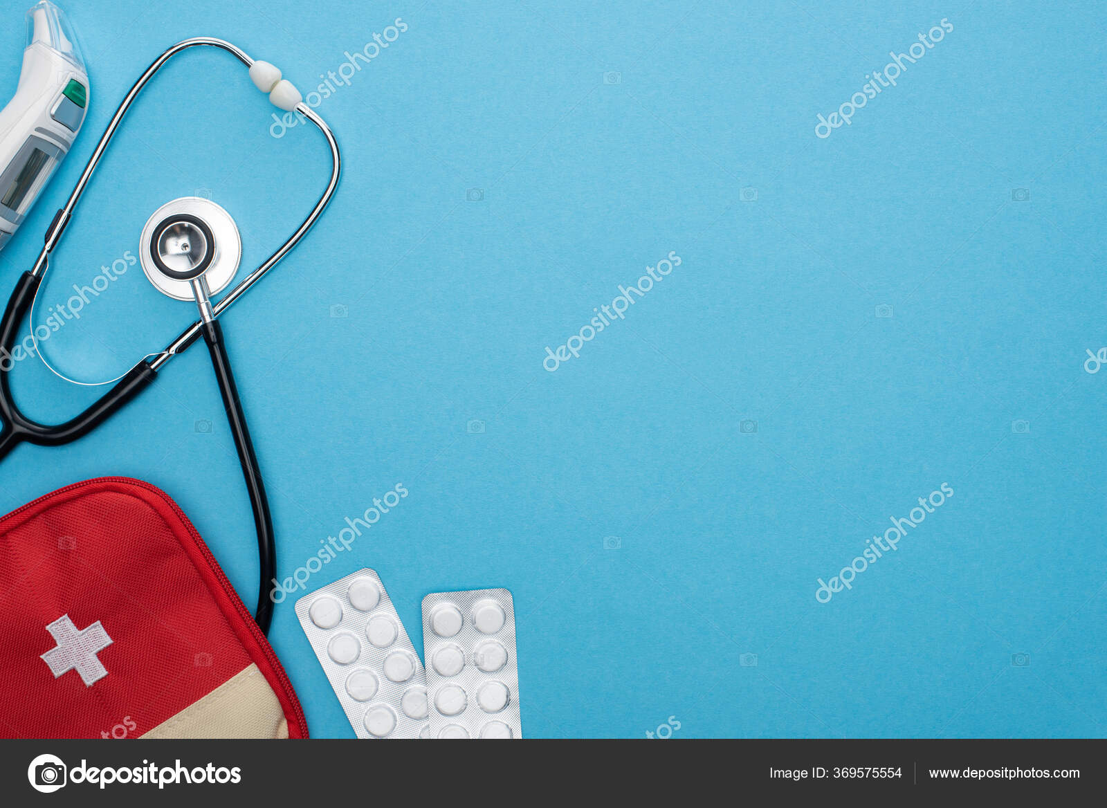 Top View Pills Blister Packs First Aid Kit Ear Thermometer Stock Photo ...