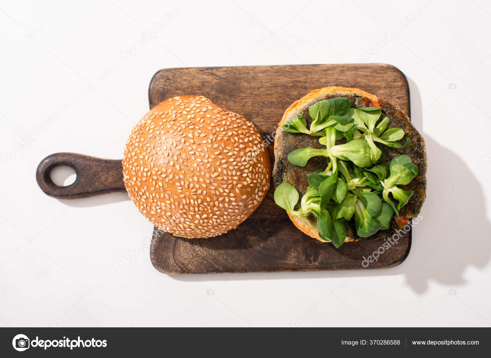 Top View Vegan Burger Microgreens Wooden Cutting Board White Background ...