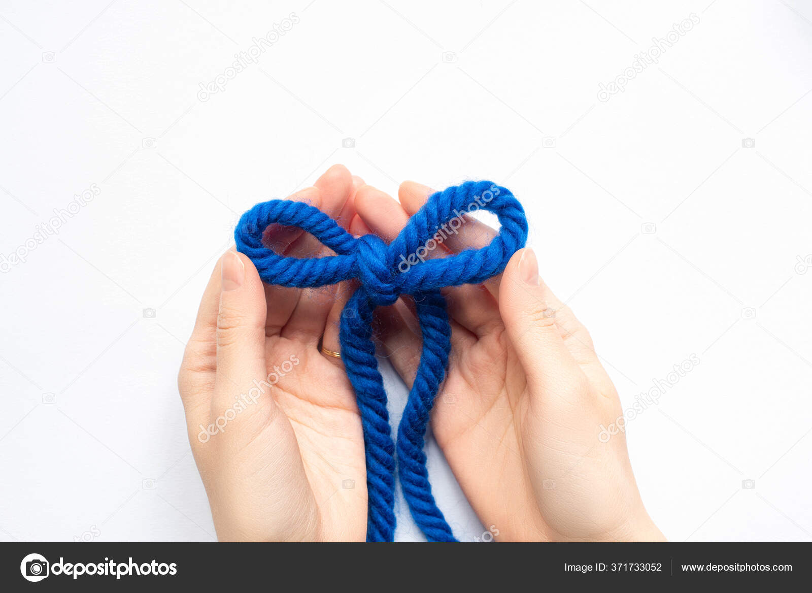 Partial View Woman Holding Bow Blue Wool Thread White Background Stock ...