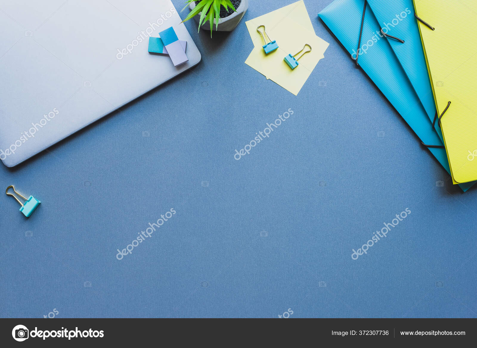Top View Laptop Paper Folders Stationery Blue Background — Stock Photo ...