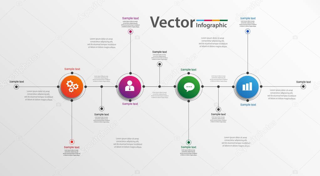Cuatro círculos coloridos conectados por franja horizontal, símbolos de ...