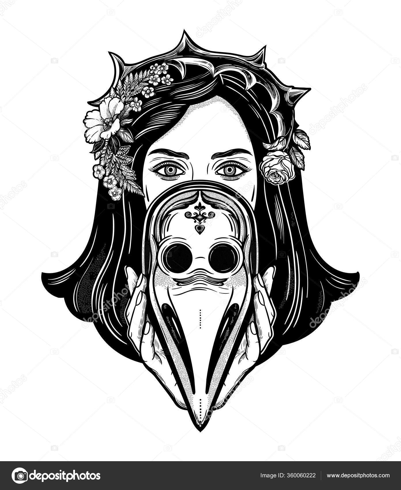 Beautiful woman in a crown of thorns, holding a plague doctor mask ...