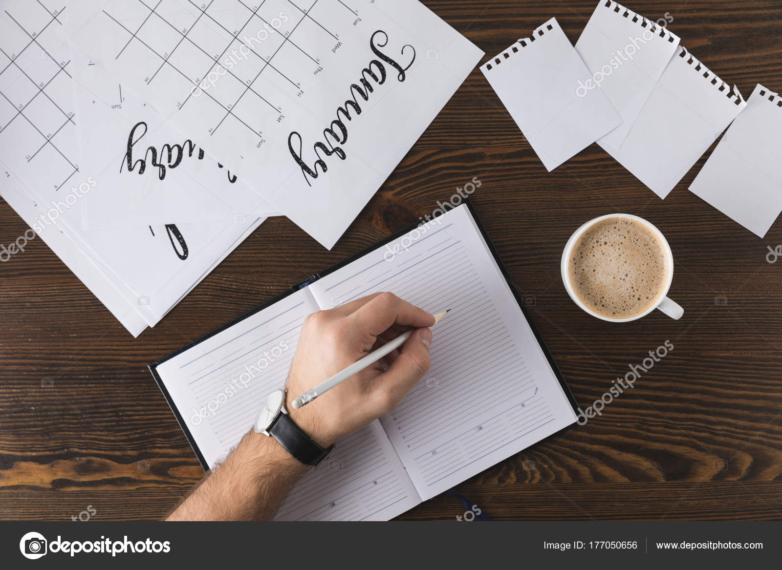 Partial View Businessman Making Notes Notebook Table Calendar — Stock ...