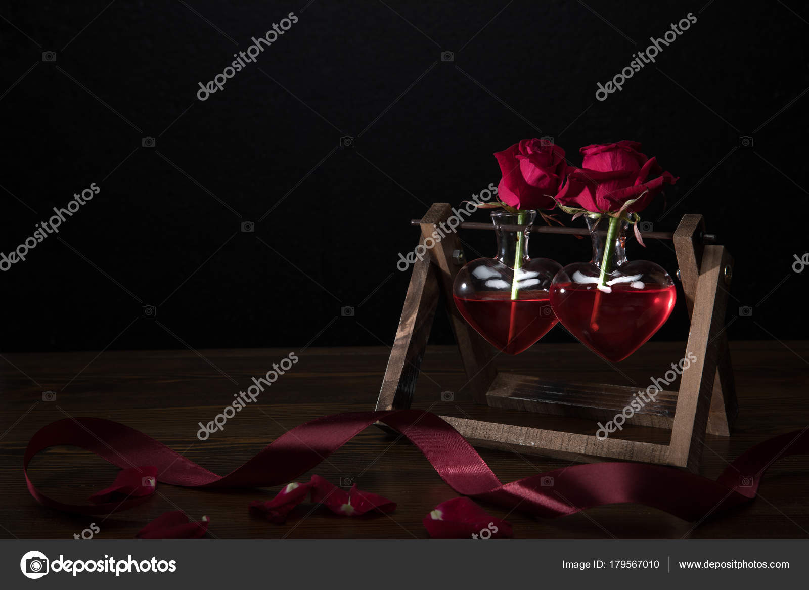 Two Red Roses Heart Shaped Vases Wooden Stand — Stock Photo ...