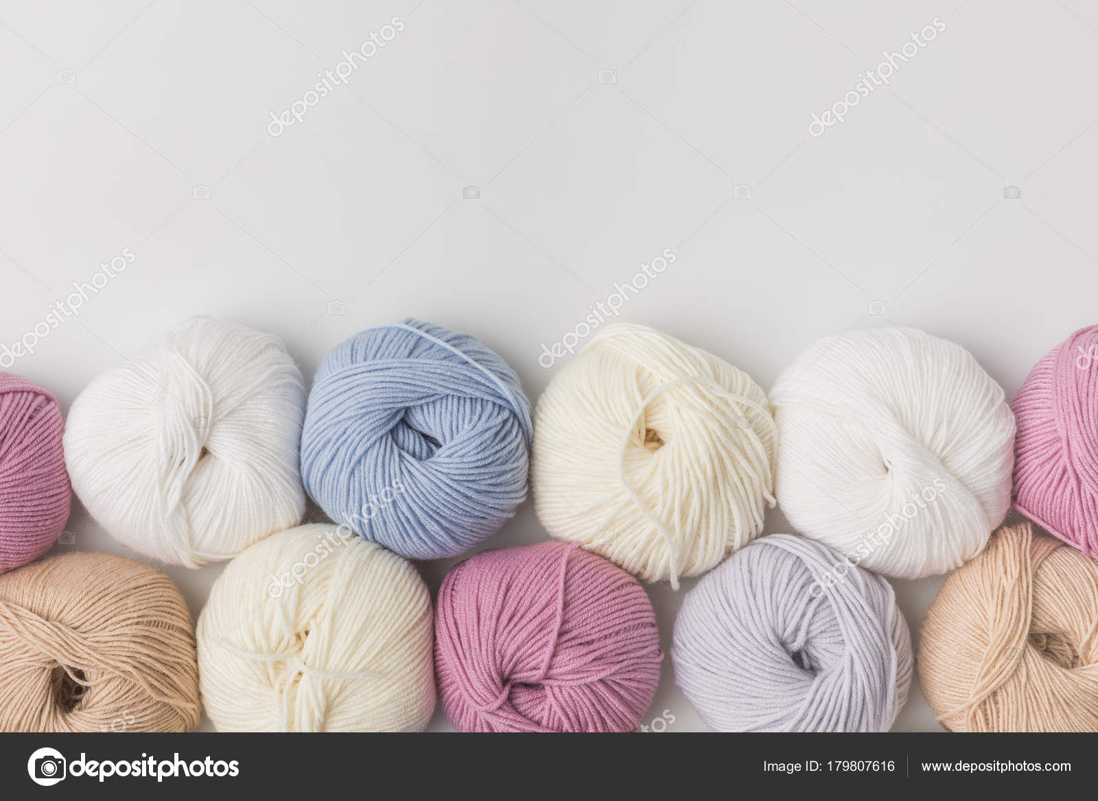 Top View Colored Yarn Balls Row Isolated White Background — Stock Photo ...