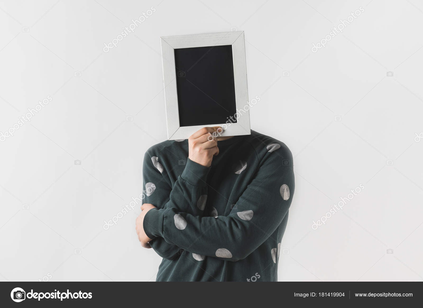 Man Covering Face Black Board Isolated White — Stock Photo ...