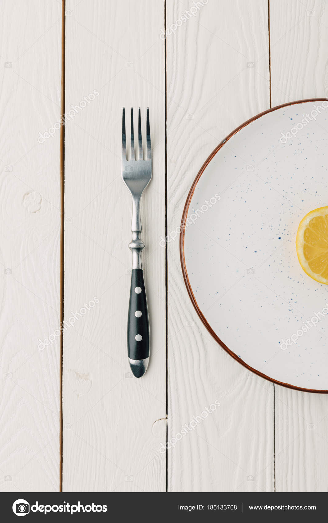 Half Juicy Lemon Plate Fork White Wooden Background Stock Photo by ...