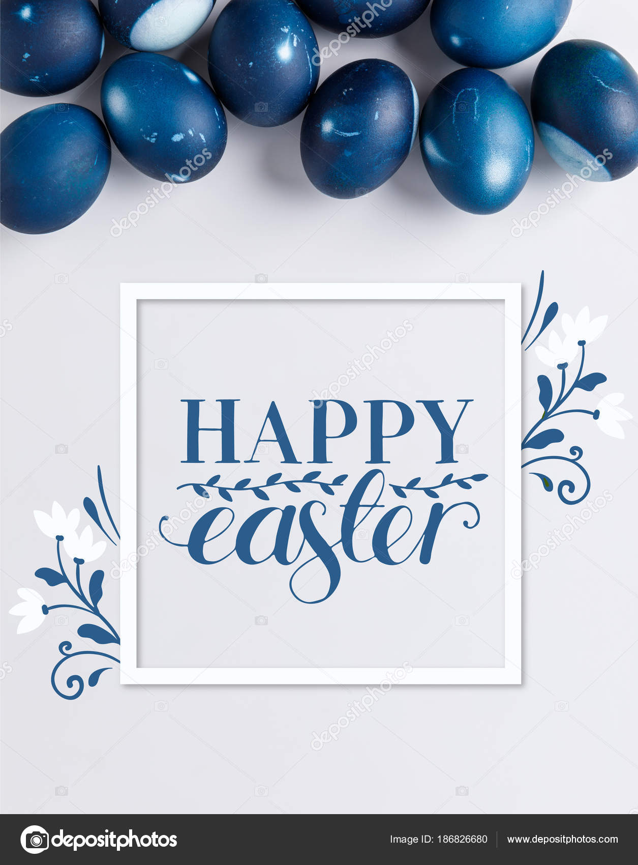 Top View Blue Painted Easter Eggs Happy Easter Lettering White — Stock ...