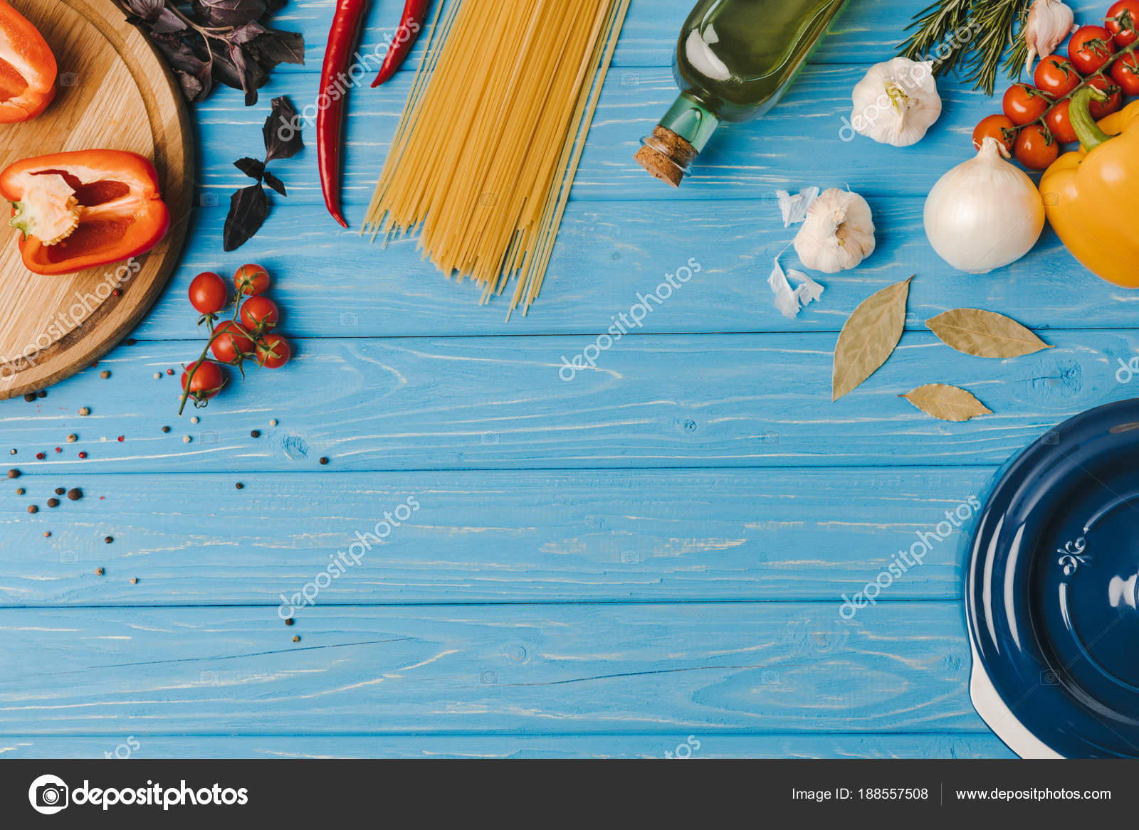 Top View Ingredients Cooking Pasta Blue Table Stock Photo by ...