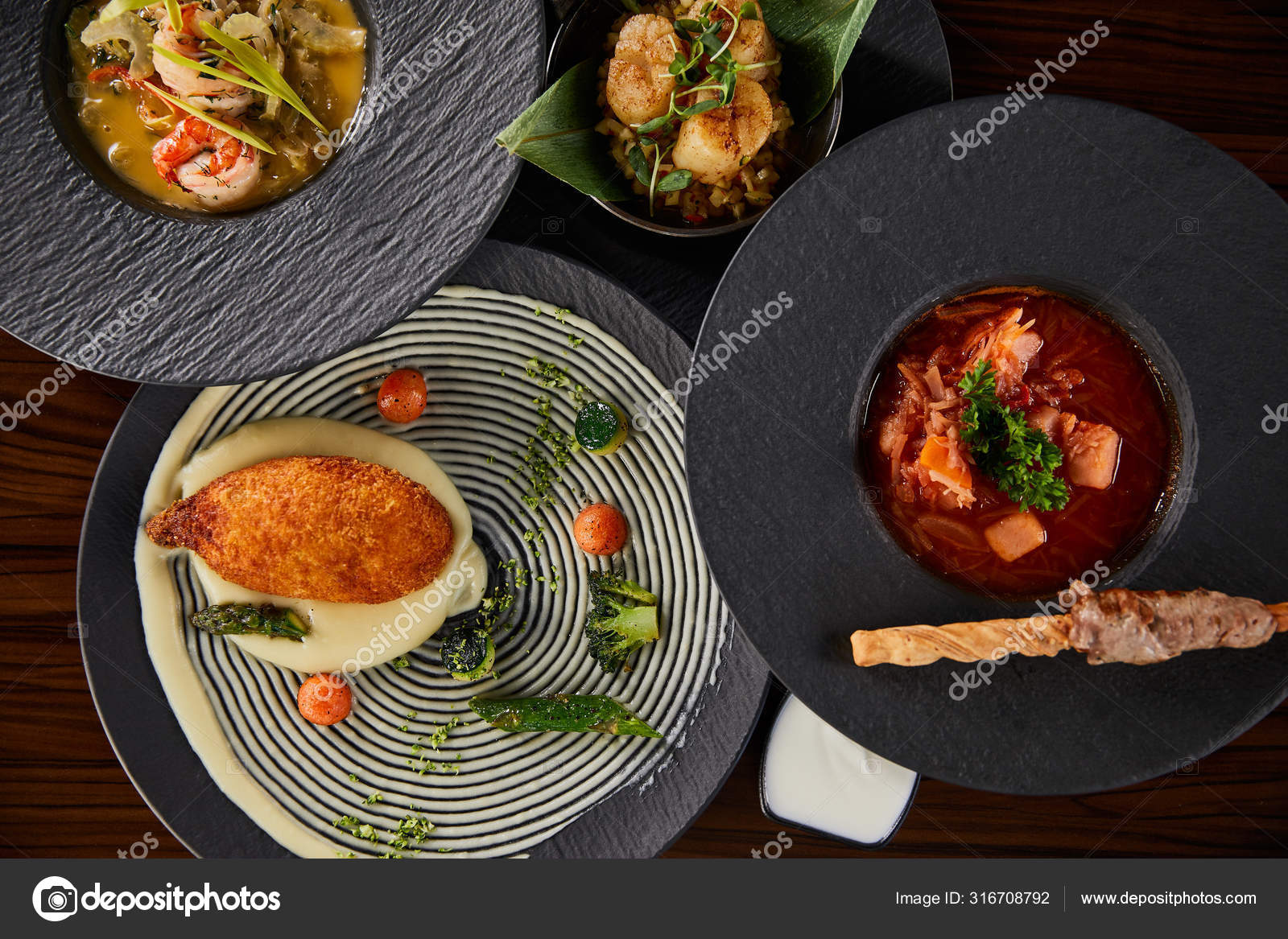 Top View Delicious Restaurant Dishes Wooden Table — Stock Photo ...