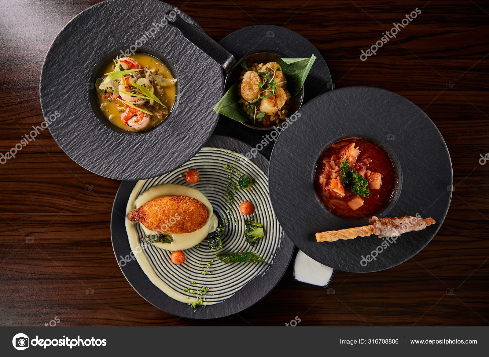 Top View Delicious Restaurant Dishes Wooden Table — Stock Photo ...