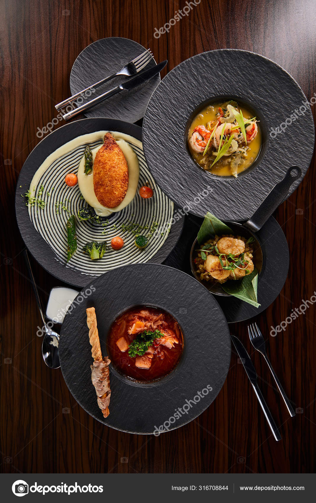 Top View Delicious Restaurant Dishes Cutlery Wooden Table Stock Photo ...