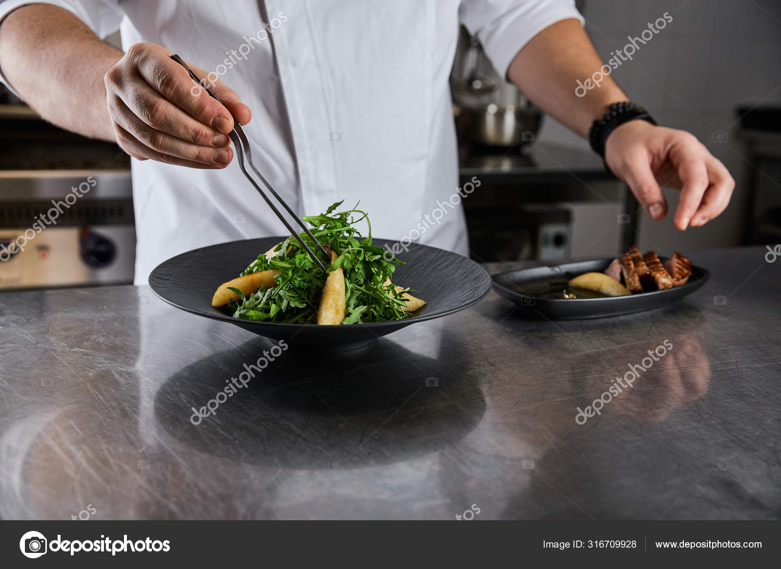 Partial View Chef Cooking Dish Arugula Meat Potato Kitchen Restaurant ... Partial View Chef Cooking Dish Arugula Meat Potato Kitchen Restaurant ...