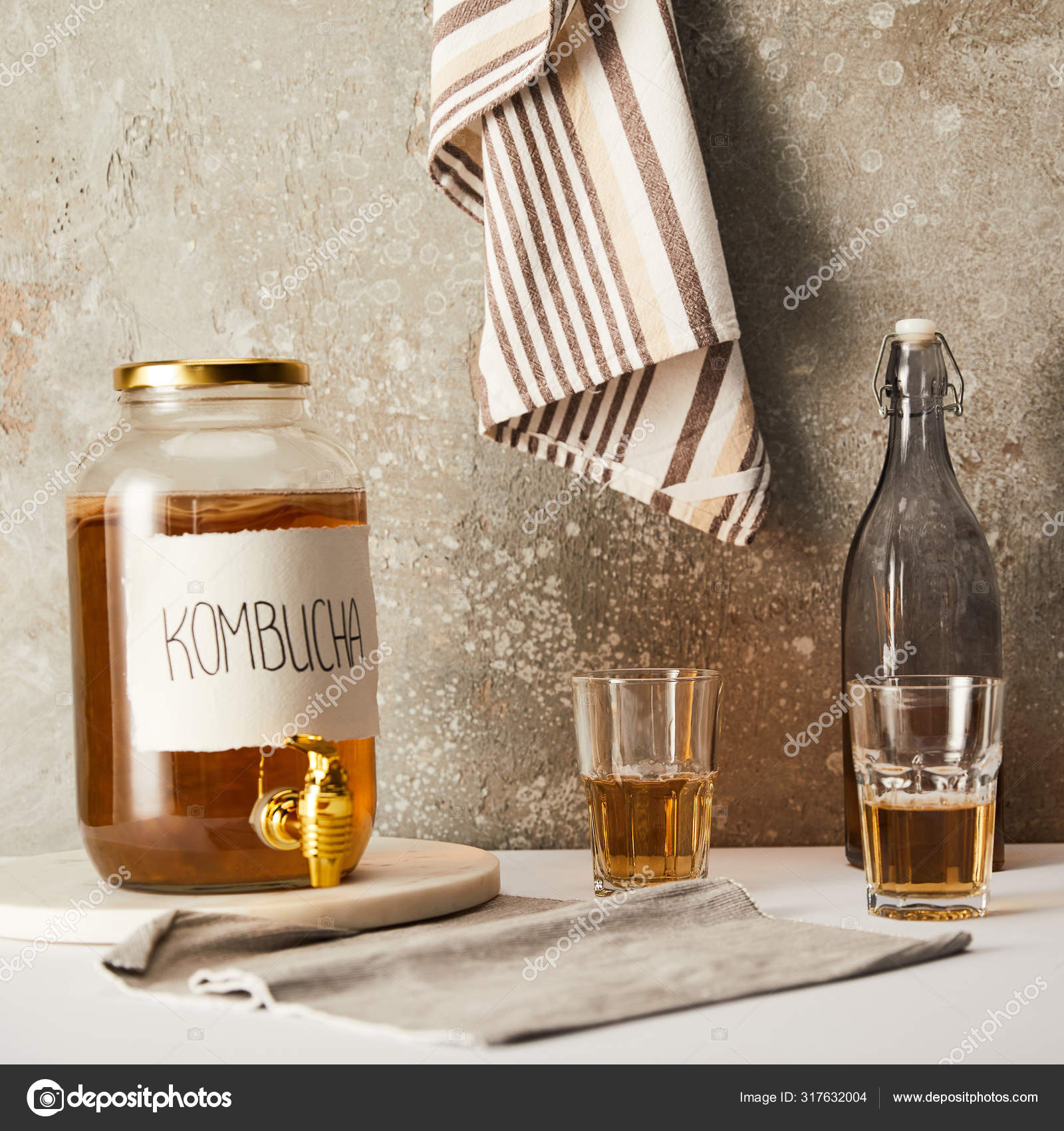 Jar Kombucha Glasses Textured Grey Background Striped Napkin — Stock ...