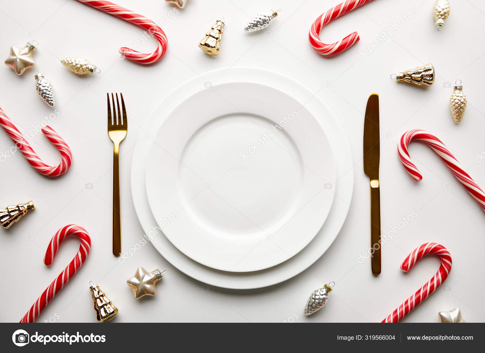 Top View Christmas Table Setting White Background Festive Decoration ...