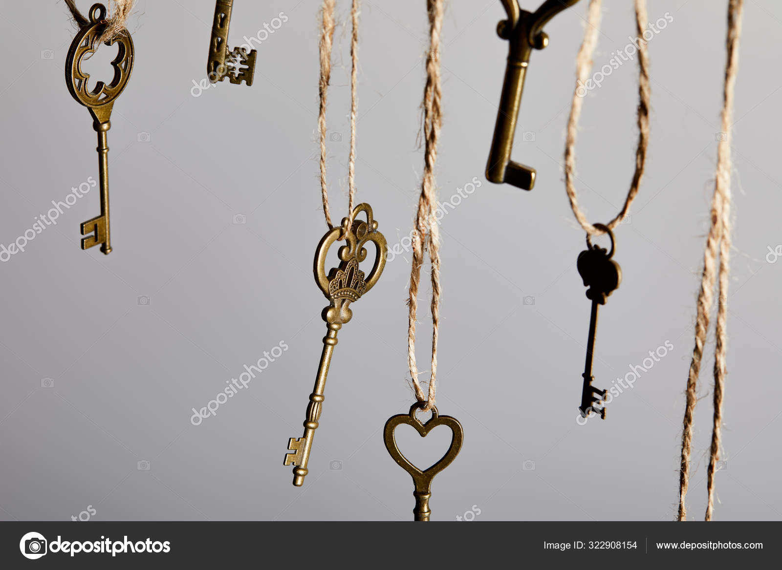 Close View Vintage Keys Hanging Ropes Isolated Grey Stock Photo by ...