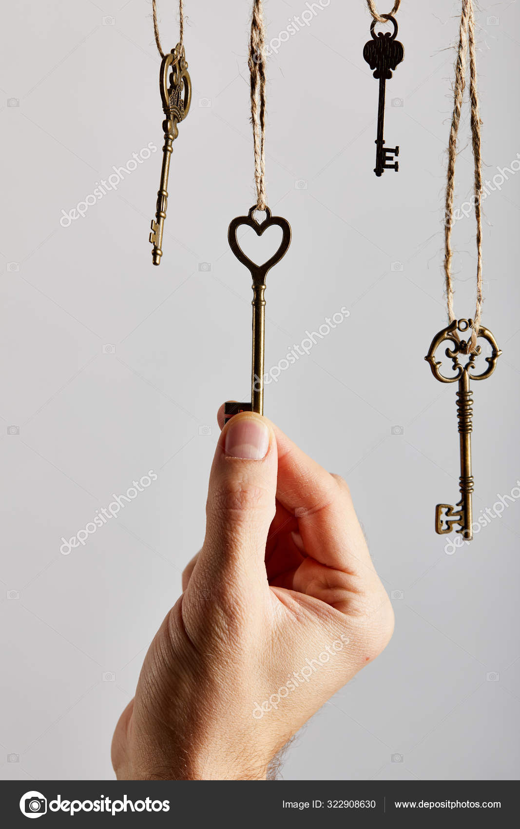 Cropped View Man Touching Vintage Keys Hanging Ropes Isolated White ...