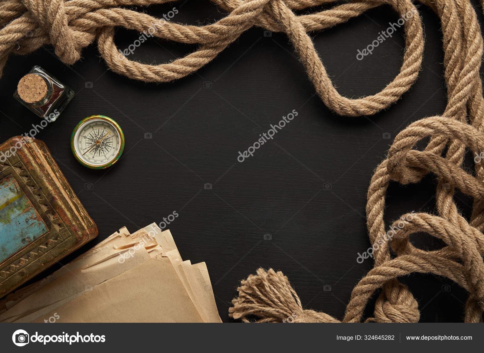 Top View Vintage Paper Rope Compass Painting Black Background — Stock ...