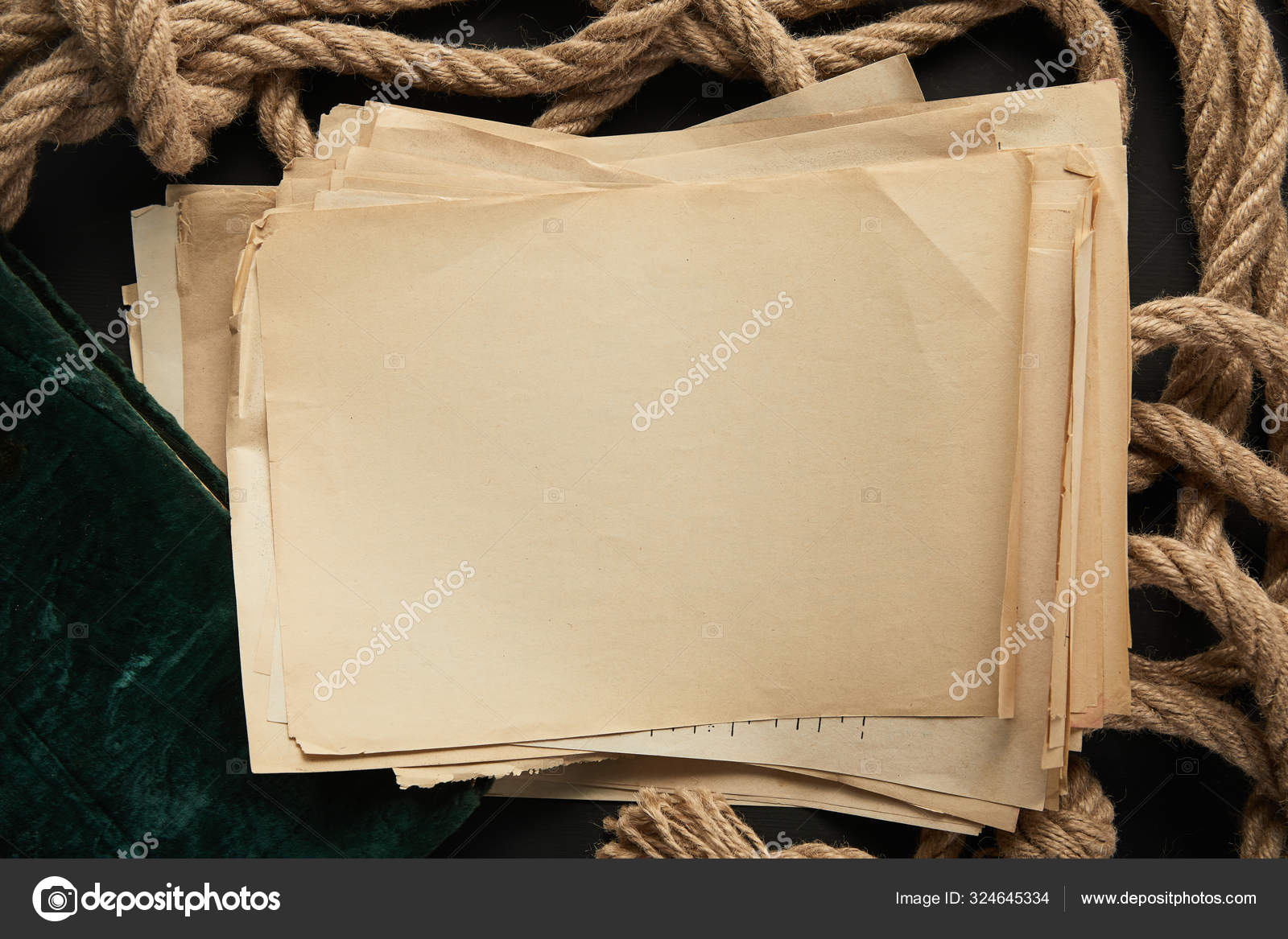 Top View Vintage Paper Rope Black Background Stock Photo by ...