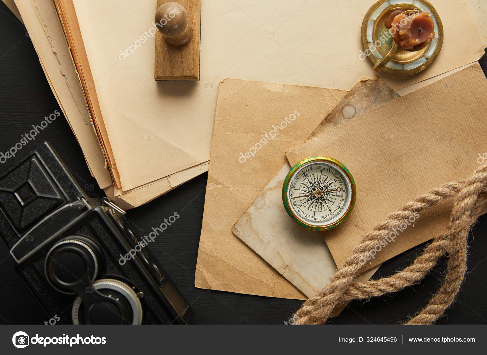 Top View Vintage Camera Paper Rope Compass Candle Stamp Black — Stock ...