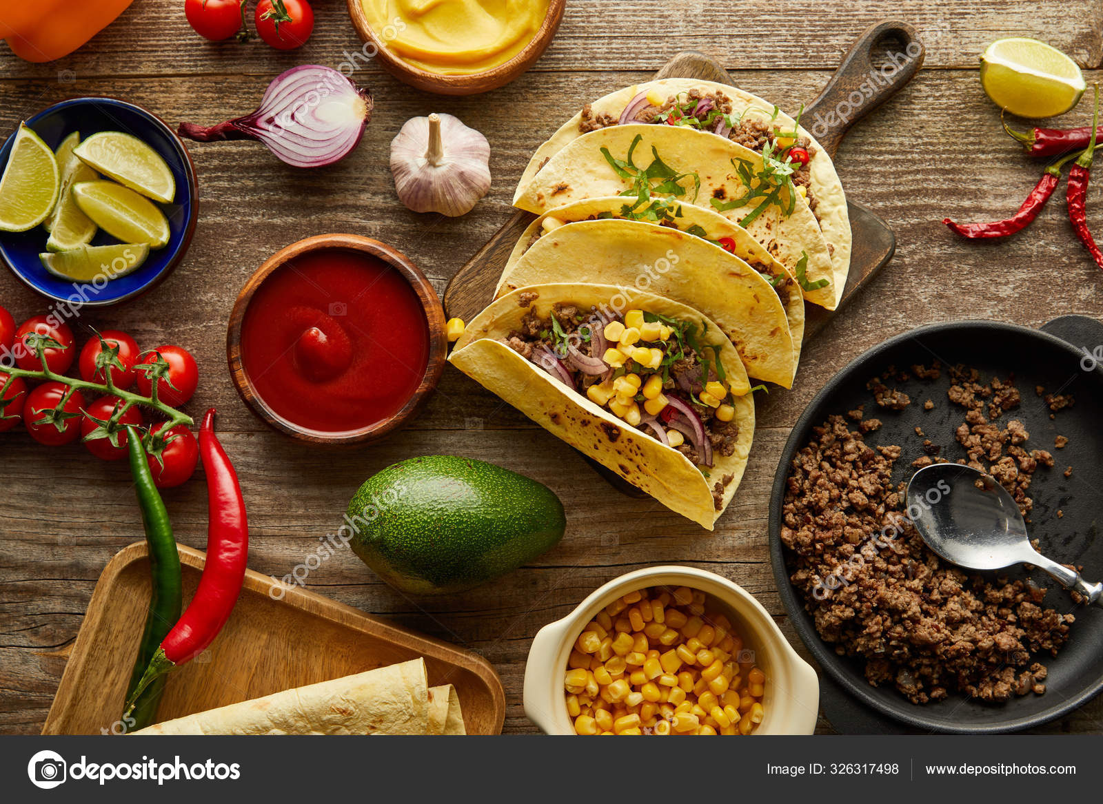 Top View Cooked Tacos Vegetables Sauces Wooden Surface Stock Photo by ...