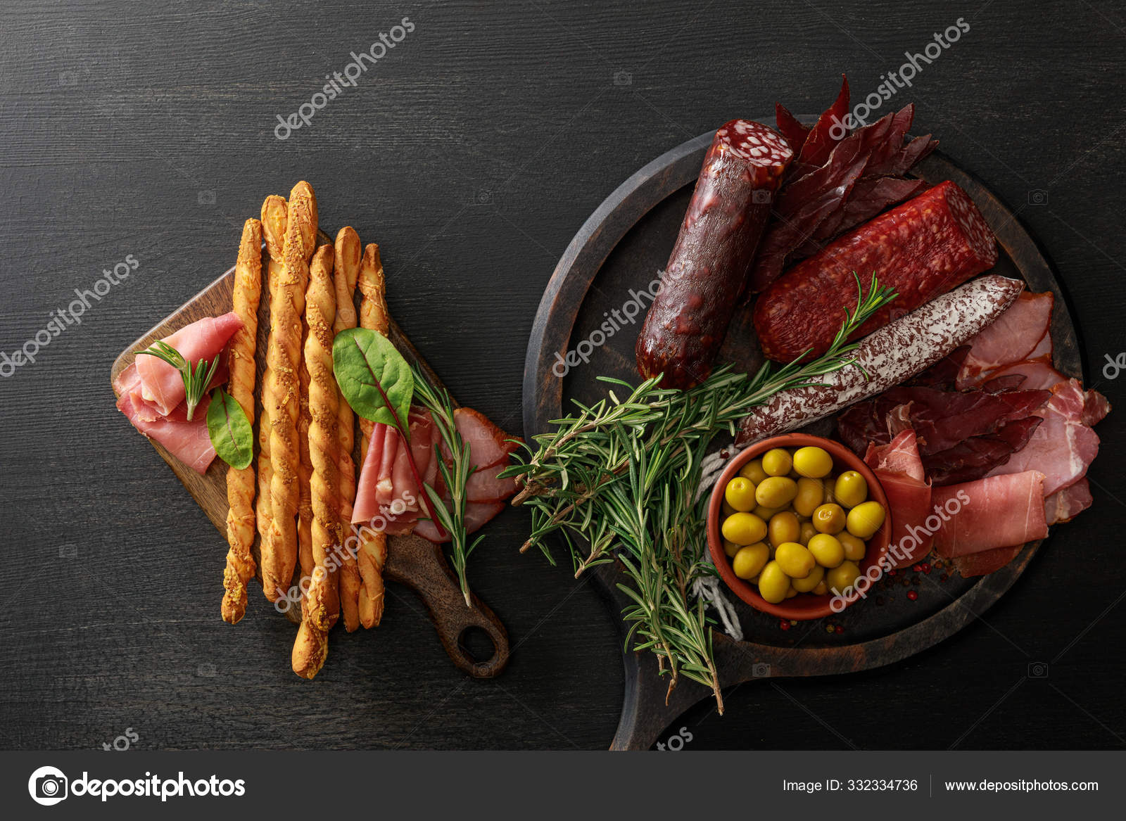 Top View Delicious Meat Platters Served Olives Breadsticks Herbs Boards ...