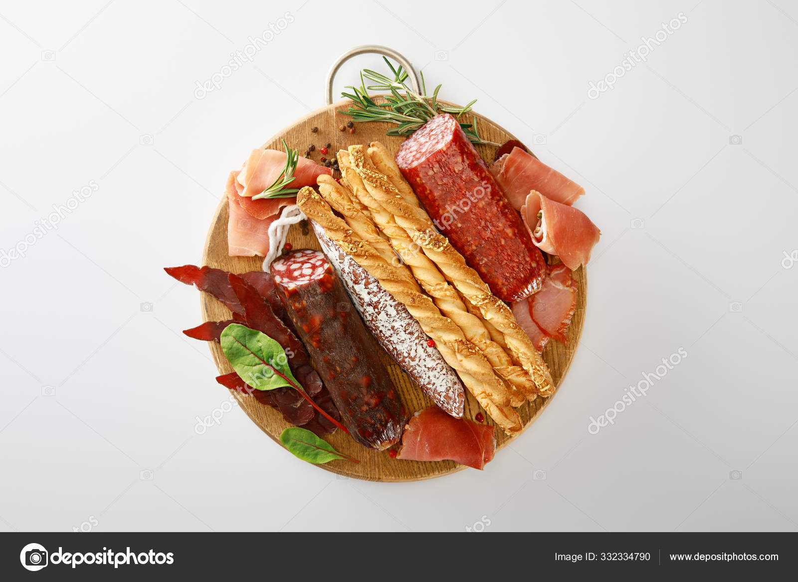 Top View Delicious Meat Platter Served Breadsticks Herbs Board Isolated ...