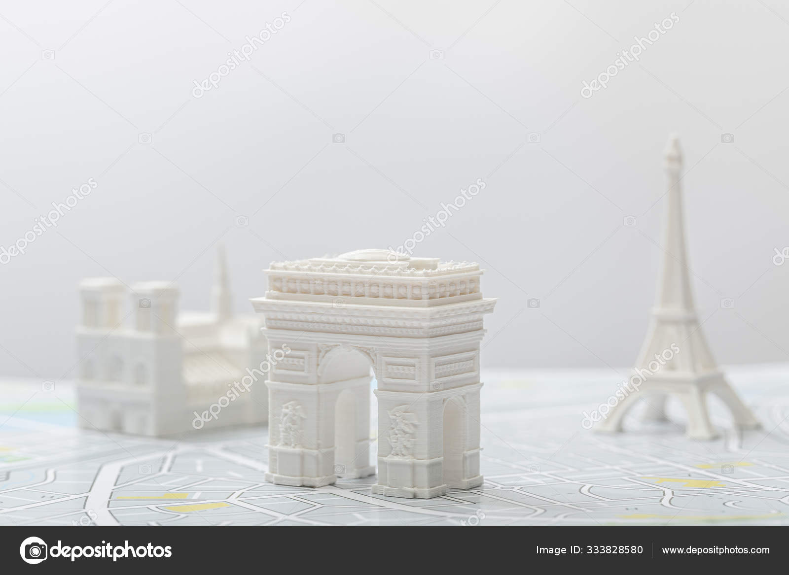 Selective Focus Arc Triomphe Small Figurines Map Paris Isolated Grey ...