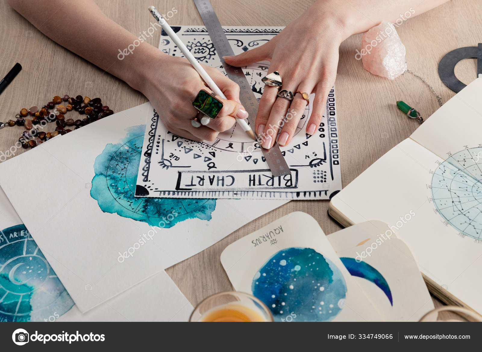 Cropped View Astrologer Drawing Birth Chart Watercolor Paintings Zodiac ...