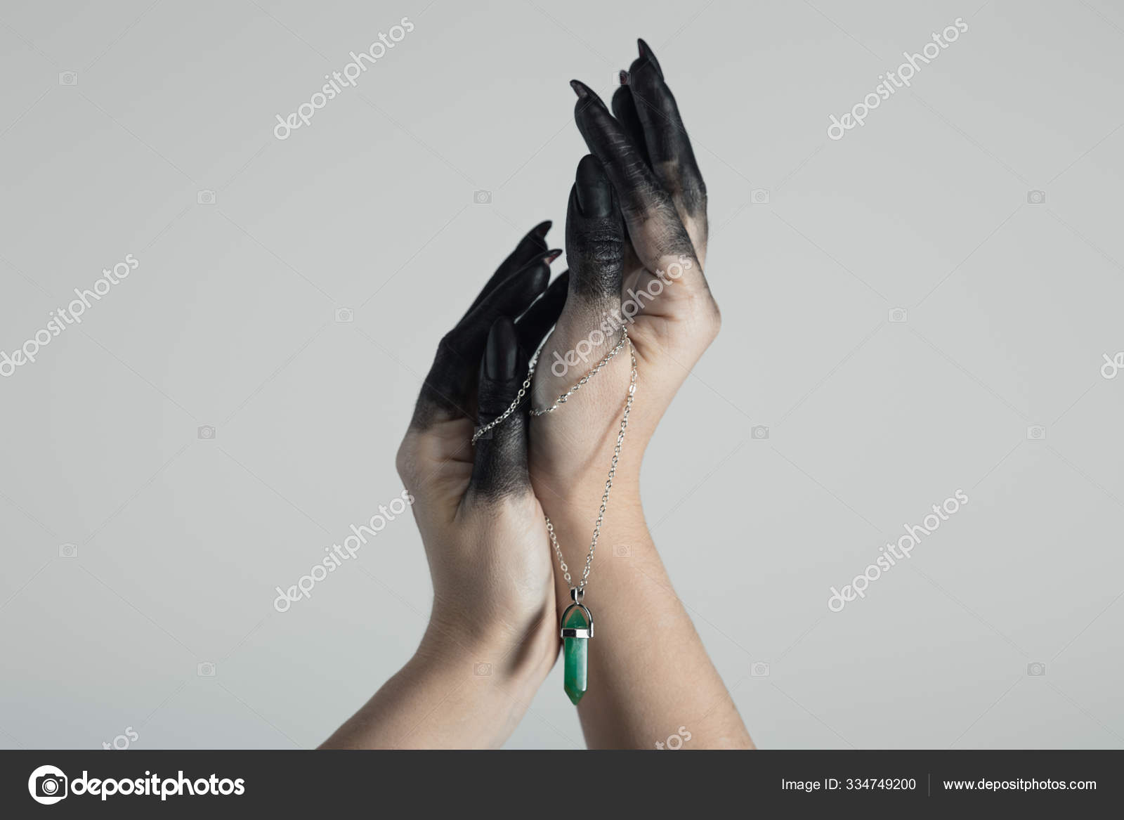 Cropped View Witch Hands Black Due Holding Crystal Isolated Grey ...