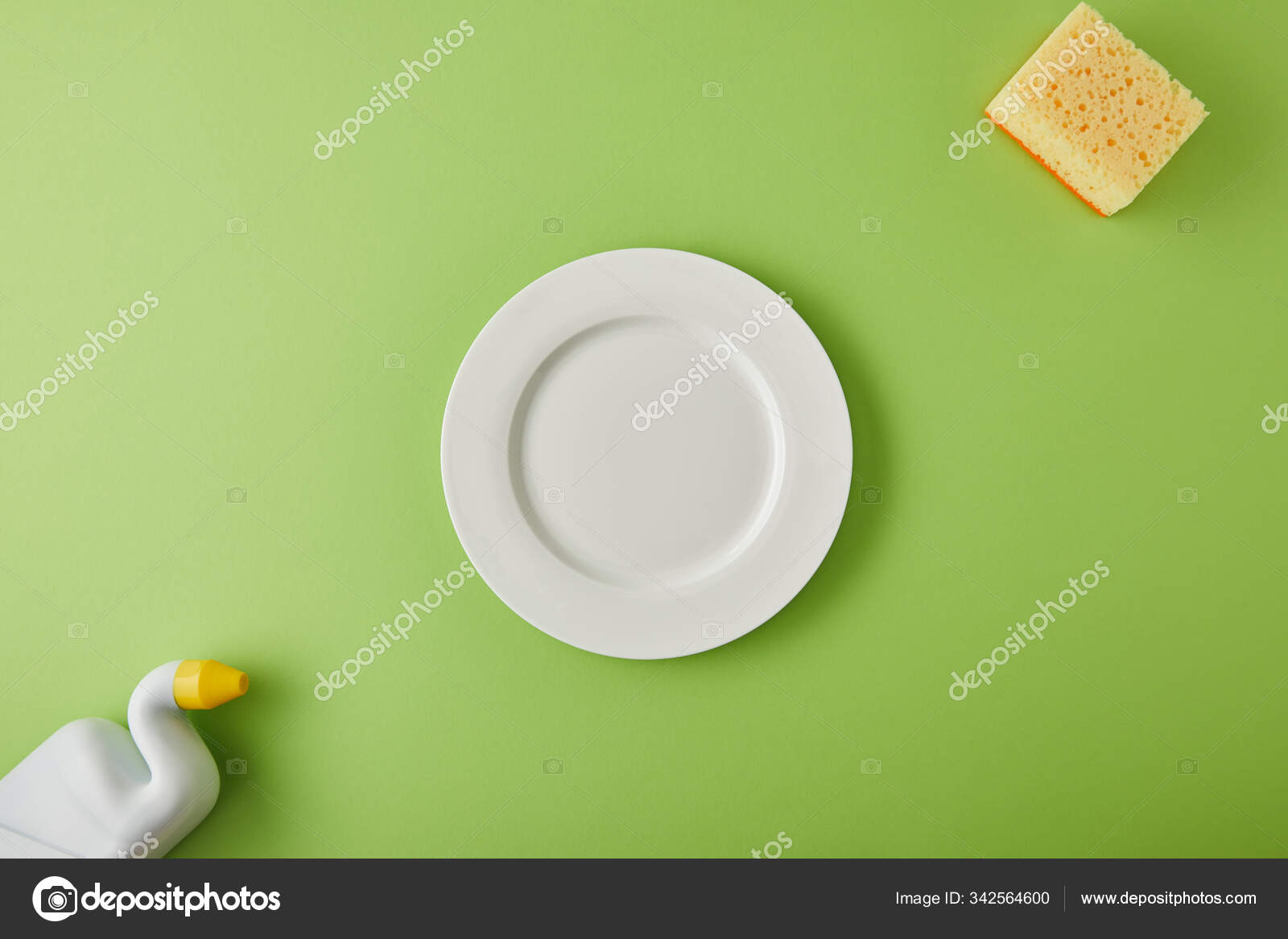 Top View White Plate Sponge Bottle Dish Washing Green — Stock Photo ...
