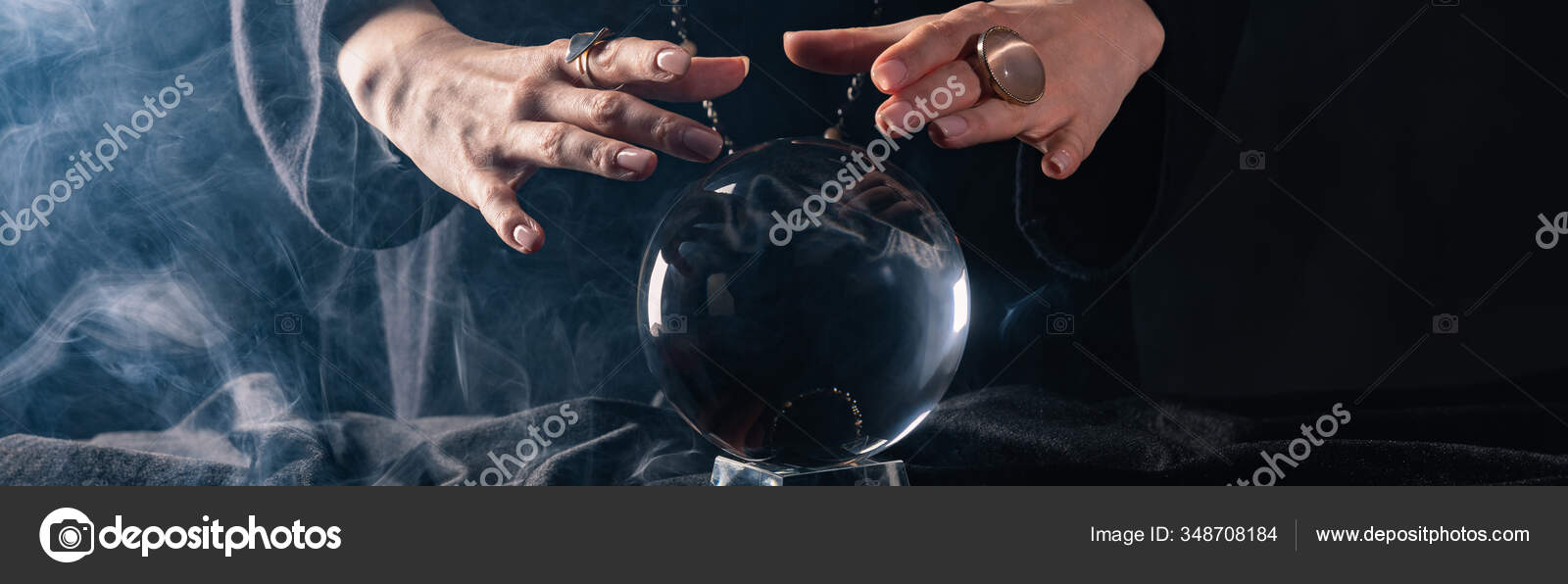 Cropped View Witch Performing Ritual Crystal Ball Black Panoramic Shot ...