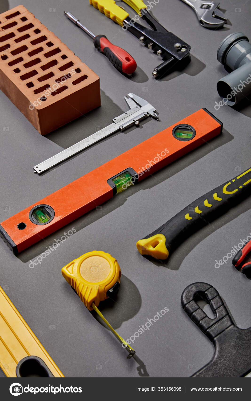 Flat Lay Brick Measuring Tape Spirit Level Brick Industrial Tools ...