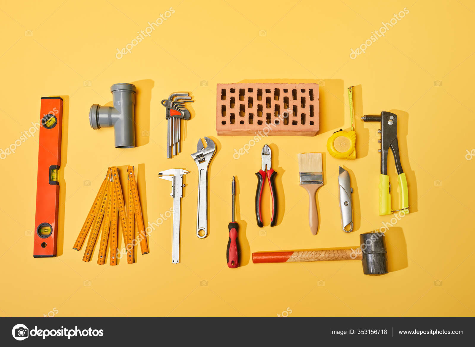Top View Industrial Tools Brick Yellow Background — Stock Photo ...