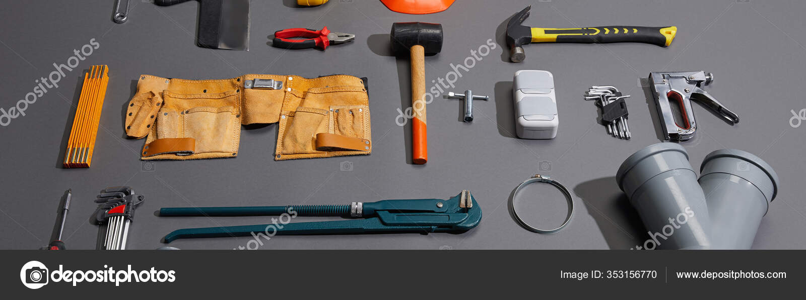Panoramic Shot Industrial Tools Tool Belt Grey Background — Stock Photo ...