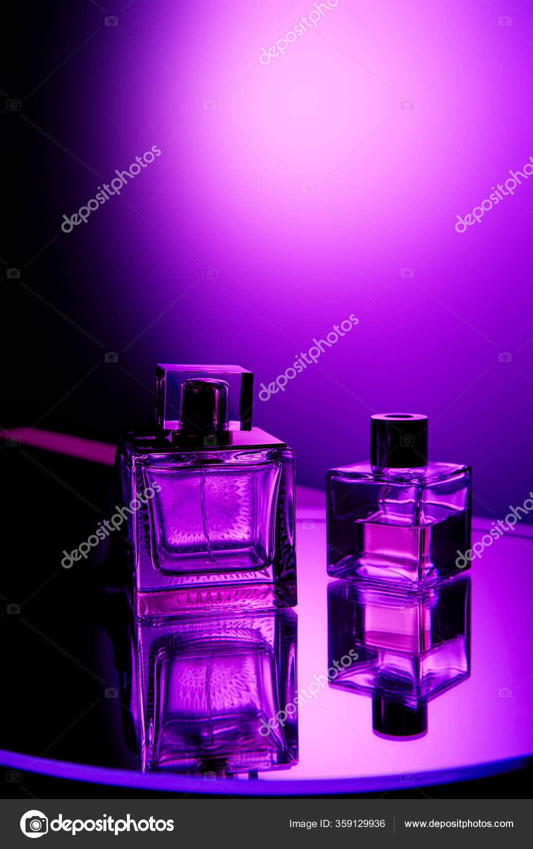 Violet Perfume Bottles Mirror Surface Light Spot Background — Stock ...