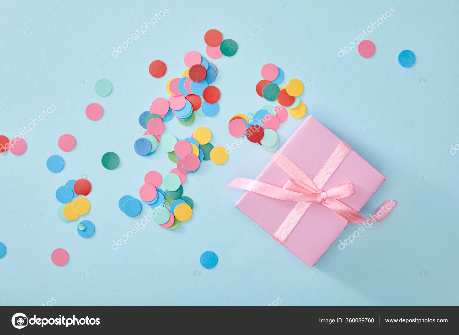 Top View Colorful Confetti Pink Present Blue Background — Stock Photo ...