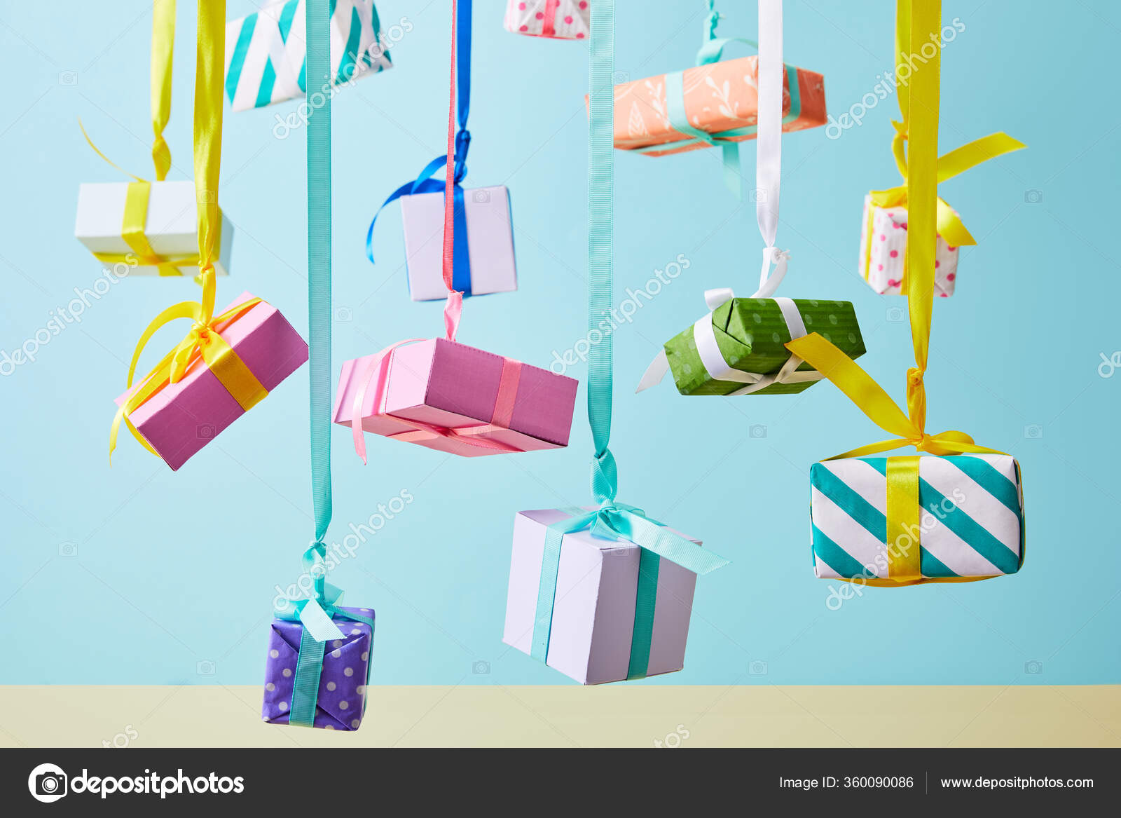 Festive Colorful Gift Boxes Hanging Ribbons Blue Background Stock Photo ...