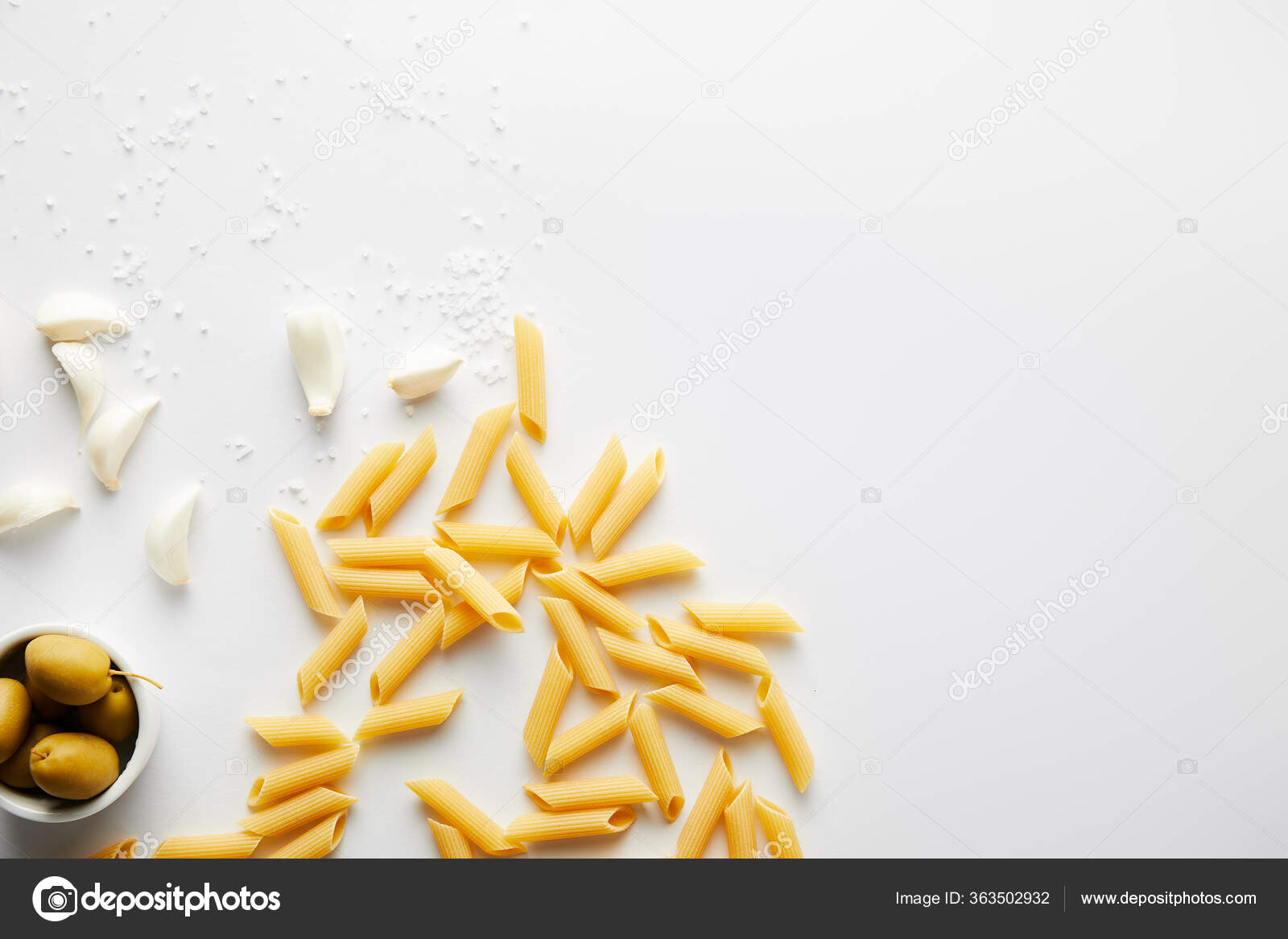 Top View Pasta Garlic Bowl Olives Sea Salt White Background Stock Photo ...